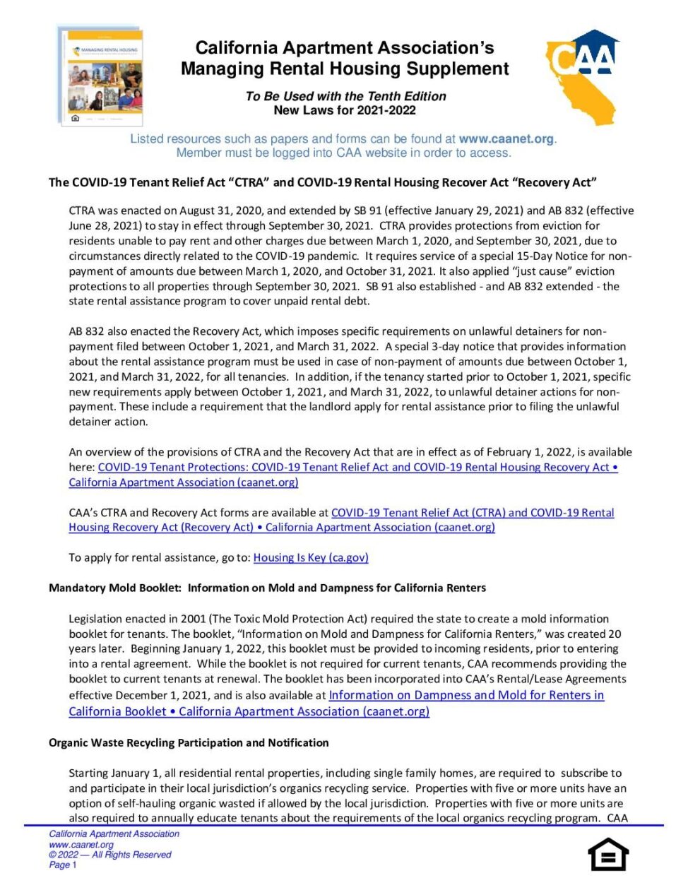 2022 Managing Rental Housing Supplement • California Apartment Association